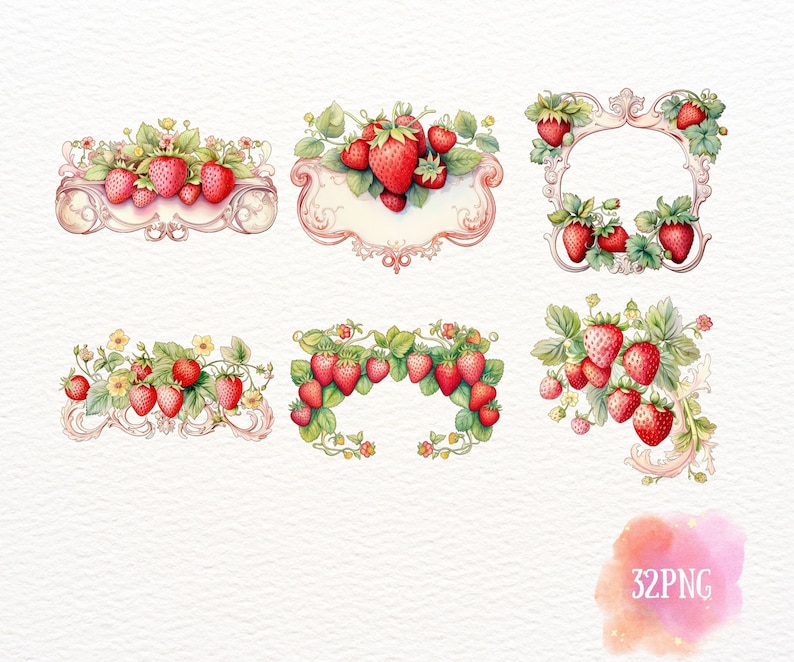 Strawberry Watercolor Clipart, Decorative Frame, Line, Leaf, Fruit ...