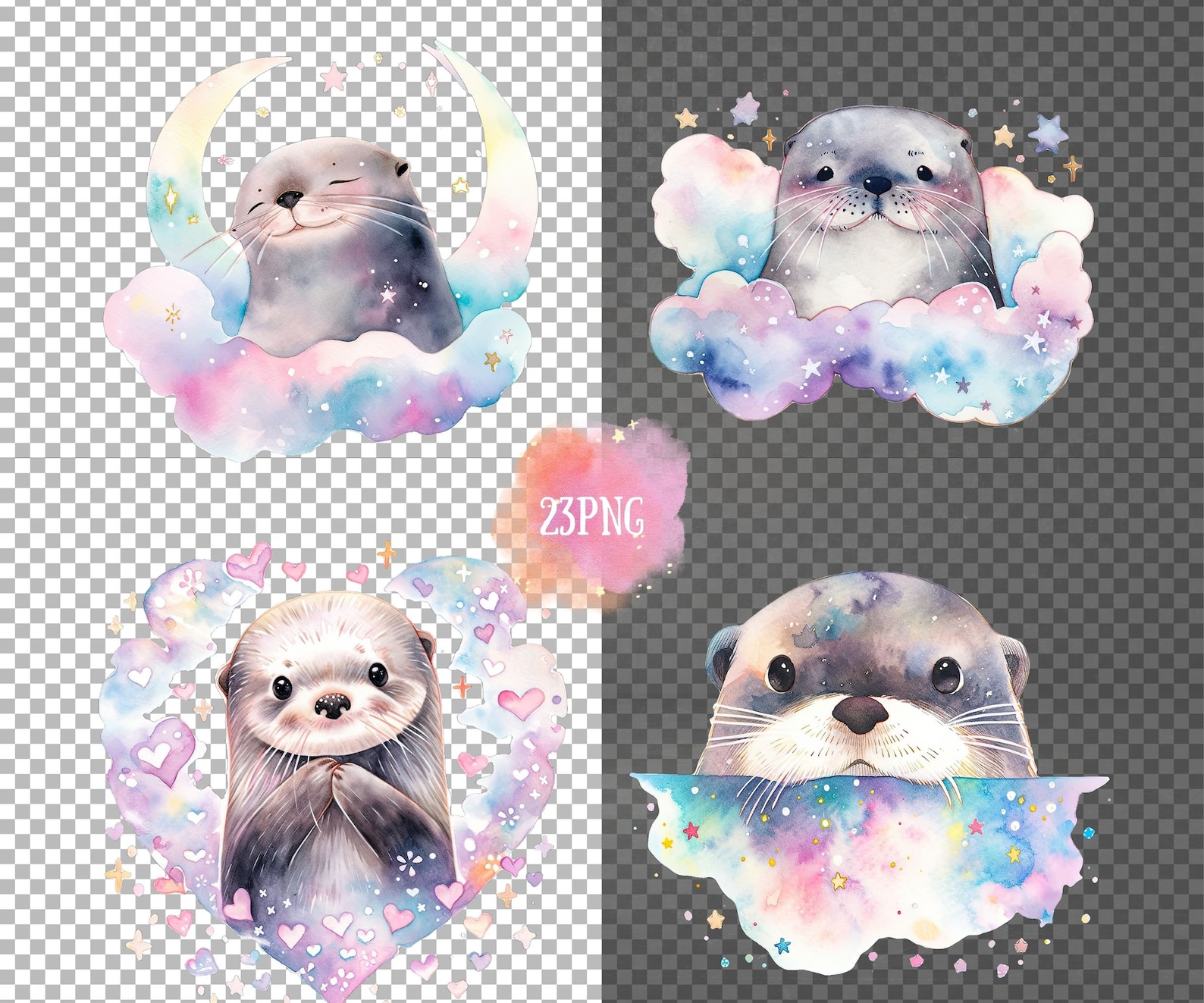 Chubby Otters Watercolor Clipart Cute Kawaii Cartoon Sea Otters, Baby ...
