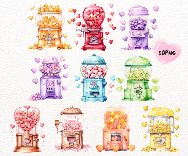 Candy Machine Clipart Bundle, Vintage Watercolor Gumball Candy Machines ...