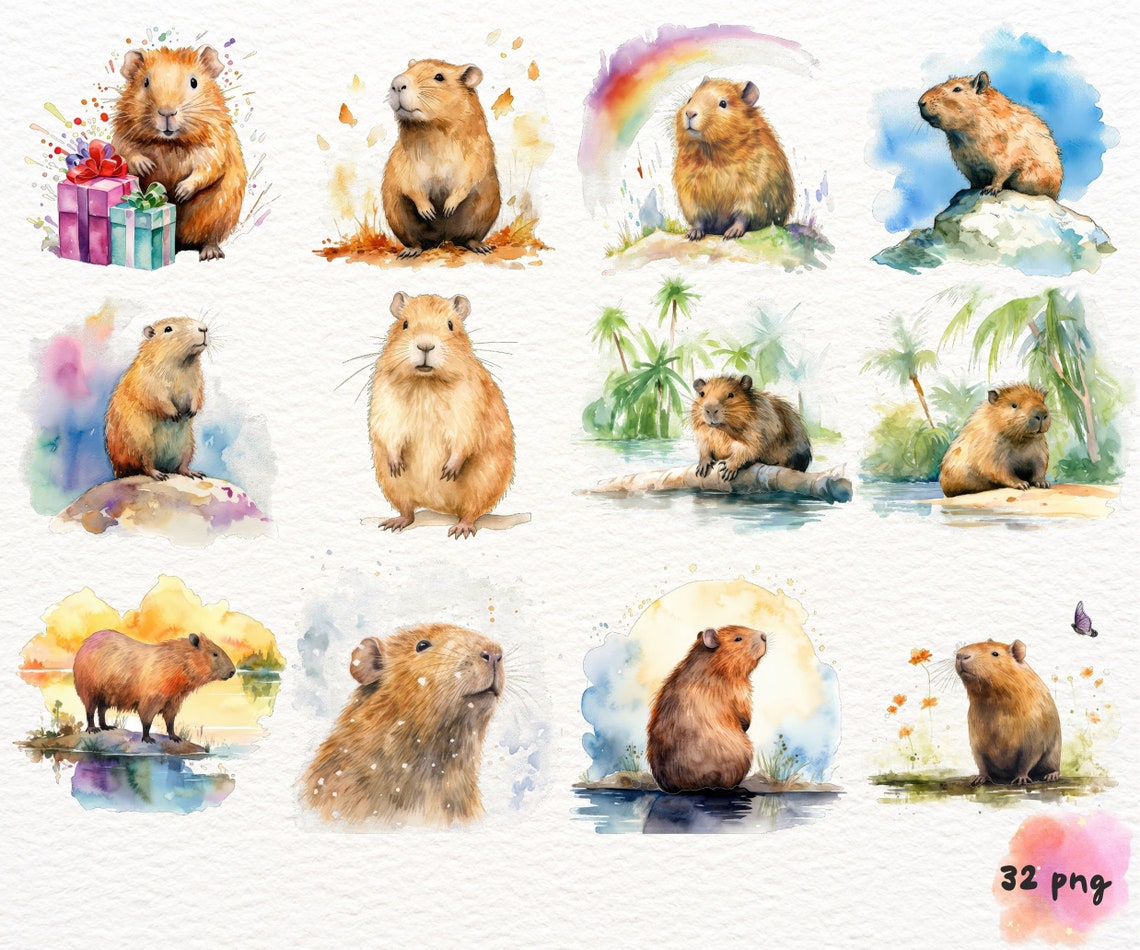 Chubby Capybaras Watercolor Clipart Cute Kawaii Cartoon Capybaras, Baby ...
