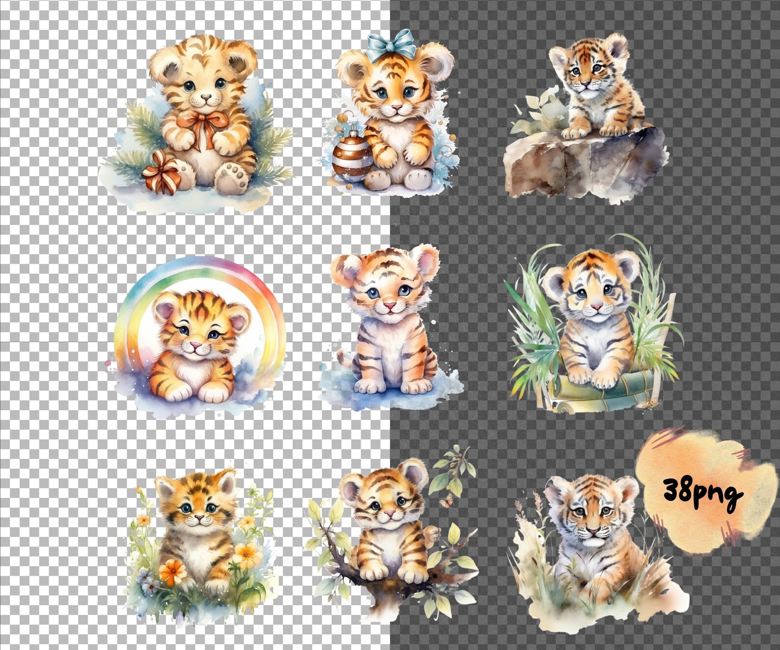 Chubby Tiger Watercolor Clipart - Kawaii Cartoon Tiger Art, Baby Tigers ...