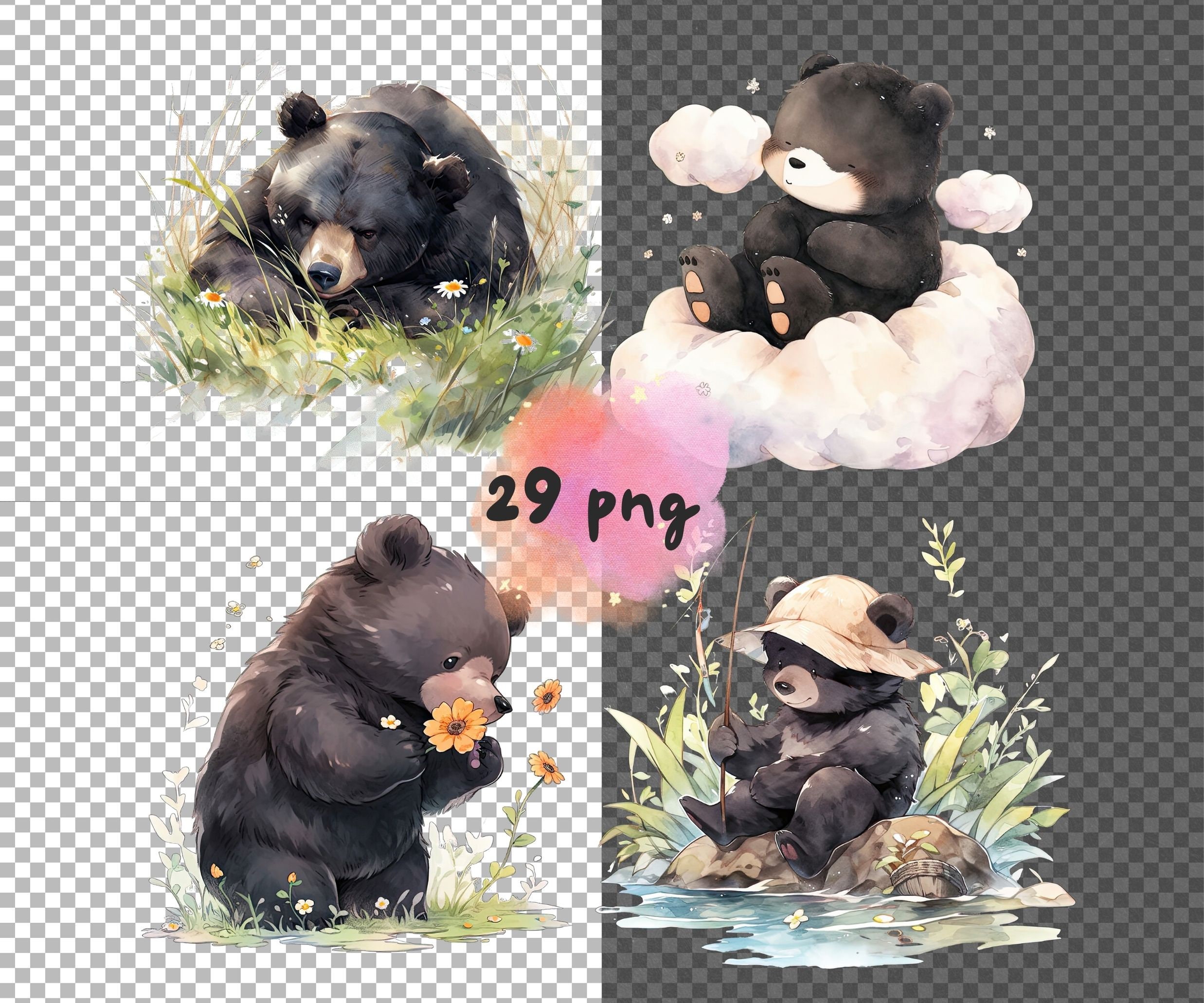 Chubby Black Bear Watercolor Clipart Kawaii Cartoon Black - Etsy