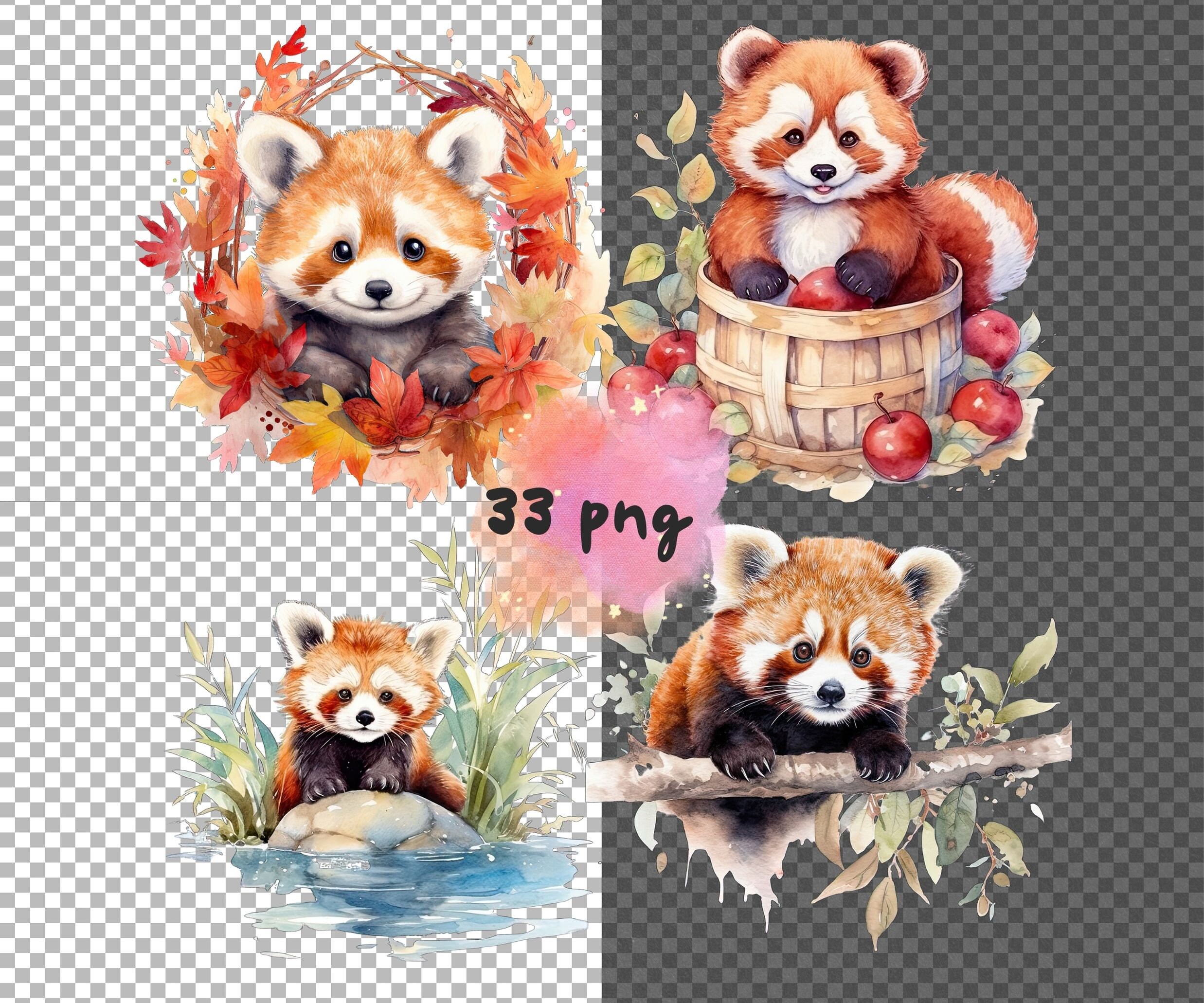 Chubby Red Pandas Watercolor Clipart Cute Kawaii Cartoon Red Pandas ...