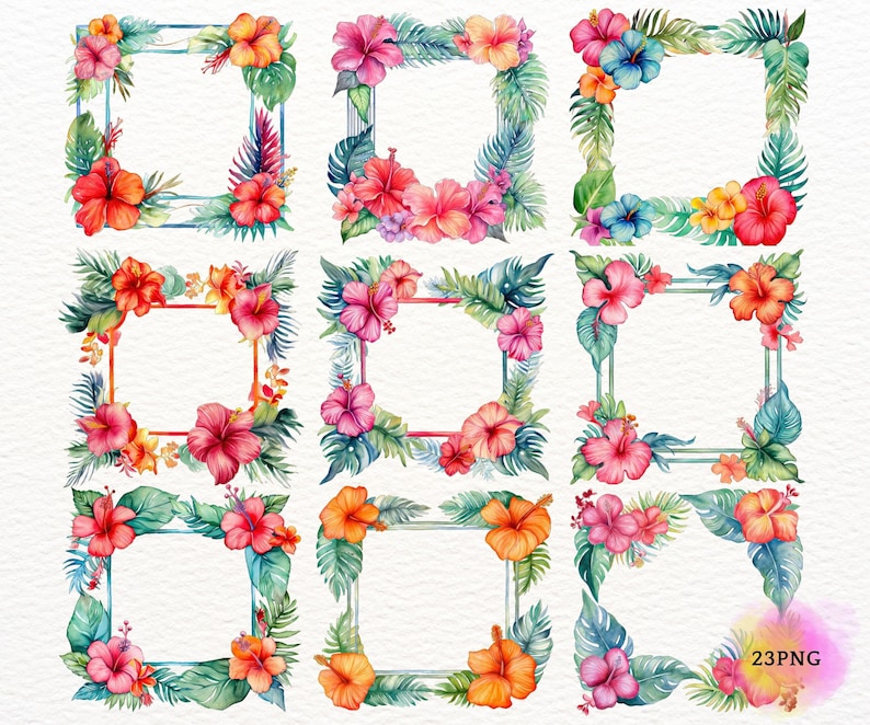 Hawaiian Hibiscus Frame PNG - Watercolor Tropical Floral Borders for ...