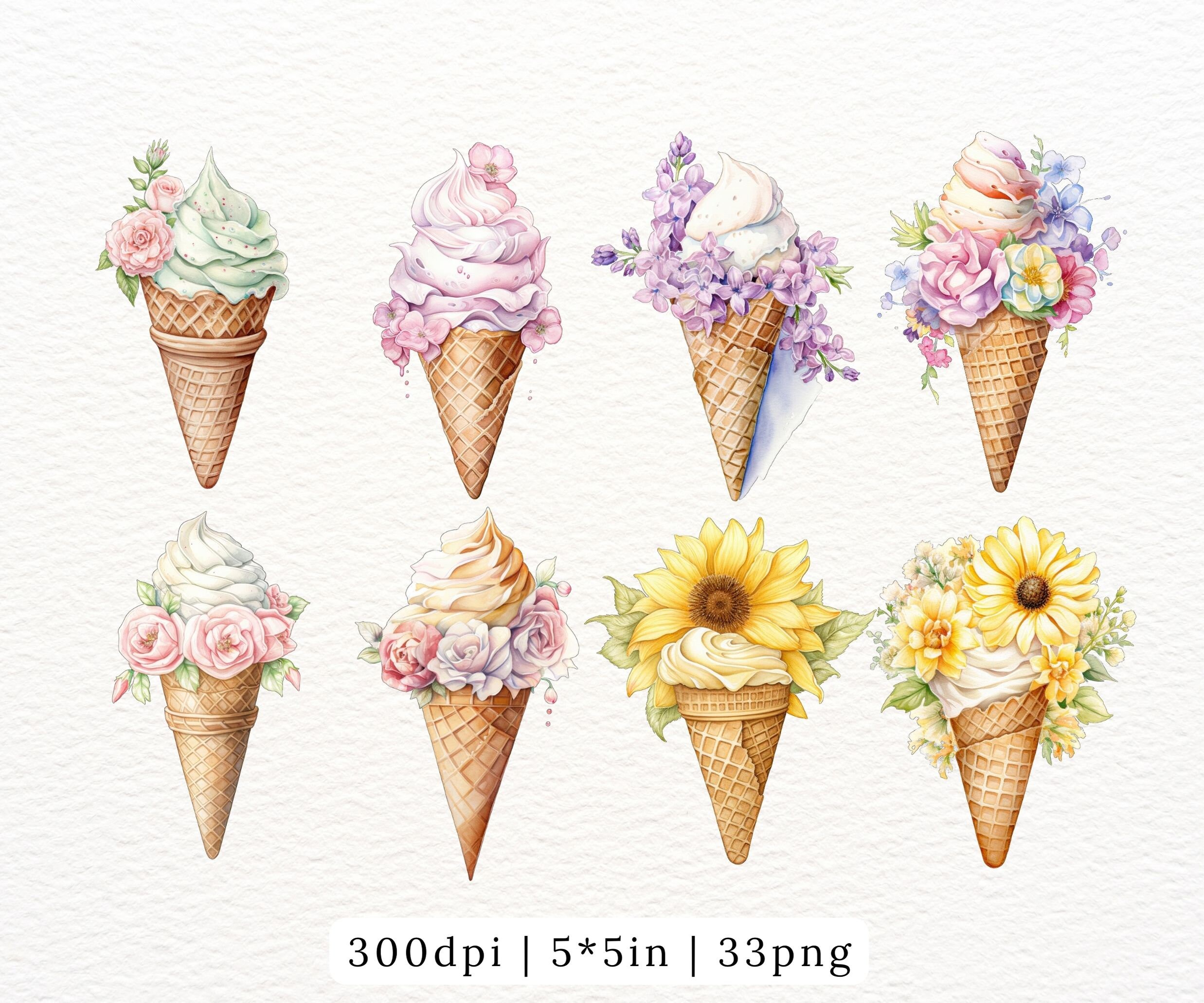 Watercolor Ice Cream Cone Clipart, Ice Cream With Flowers,plants,pastel ...