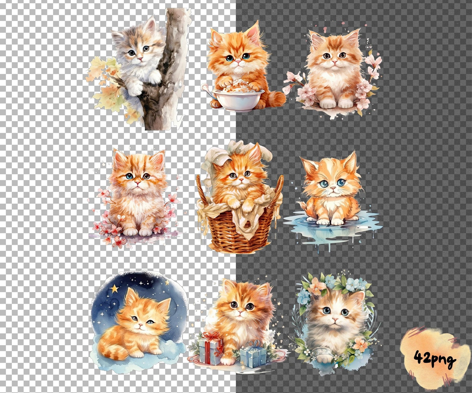 Chubby Kittens Watercolor Clipart Cute Kawaii Cartoon - Etsy