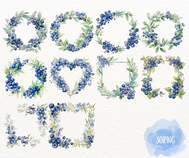 Blueberry Watercolor Clipart, Decorative Frame, Line, Leaf, Fruit ...
