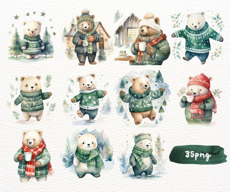 Winter Bear Clipart,watercolor Kawaii Cartoon Cuddly Bear With Snow ...