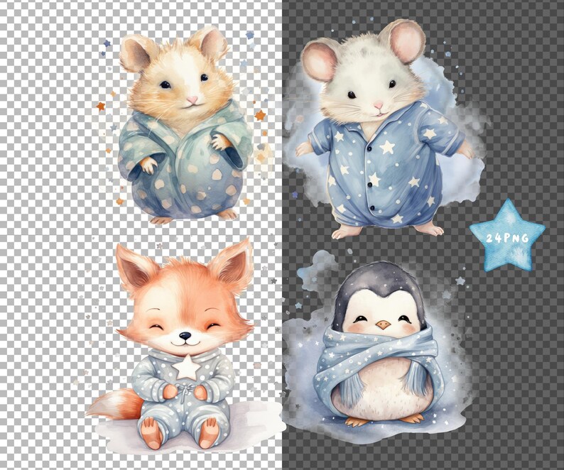Watercolor Baby Animals in Pajamas Clipart, Chubby Cute Animal Png ...