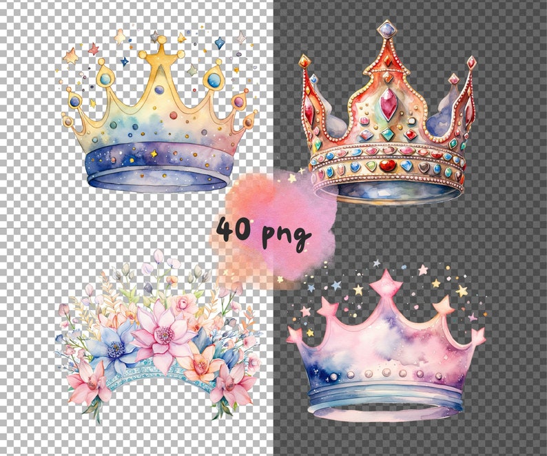 Crown Clipart, Fantasy Crown Watercolor Clipart,cartoon Pastel Pink ...