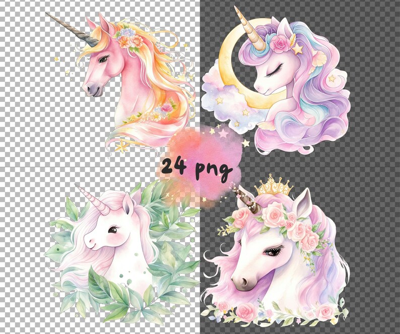 Cartoon Unicorns Watercolor Clipart Cute Kawaii Dreamy Pink - Etsy