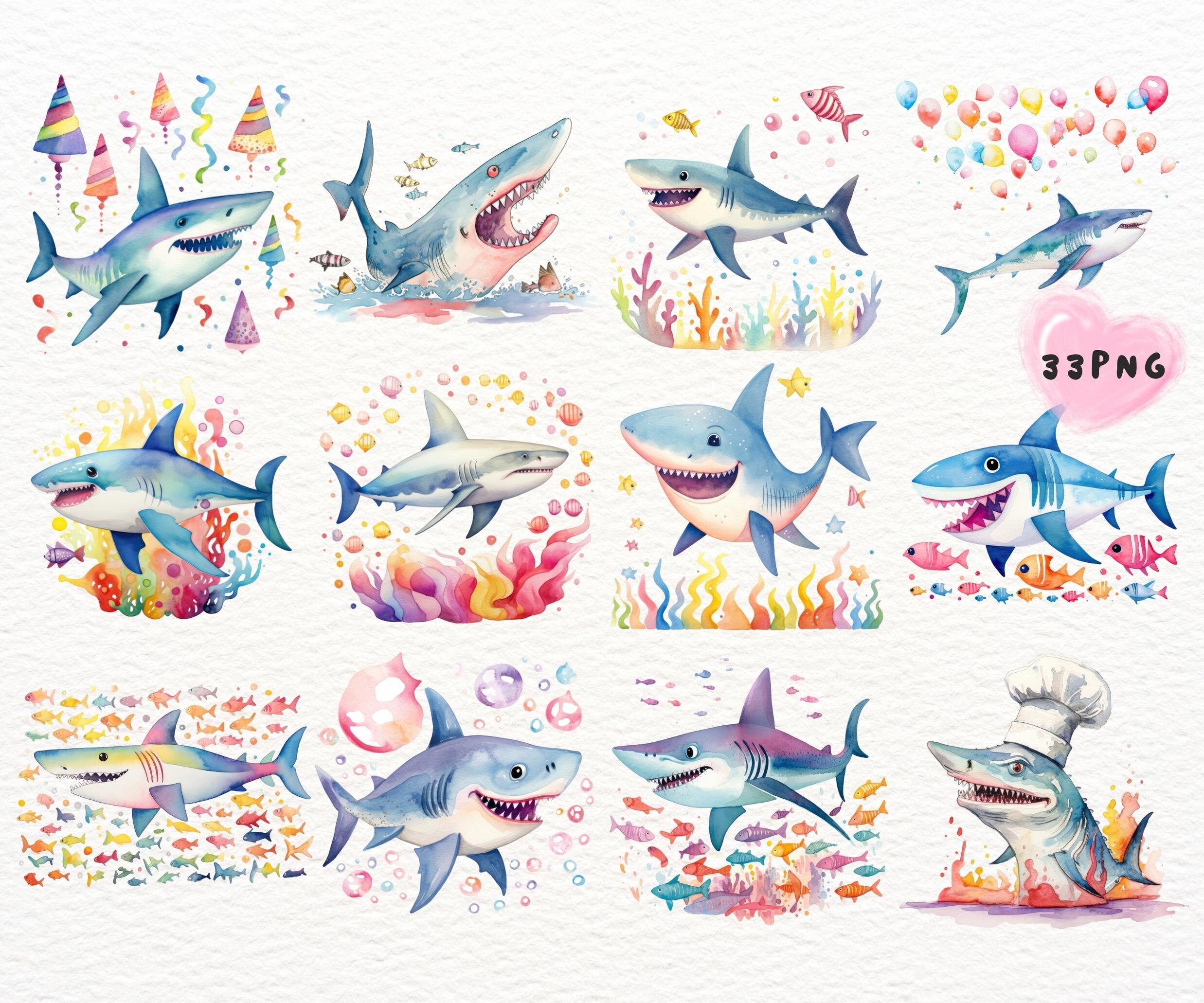 Watercolor Shark PNG Clipart,33 Cute Ocean Sharks With Bubbles, Coral ...