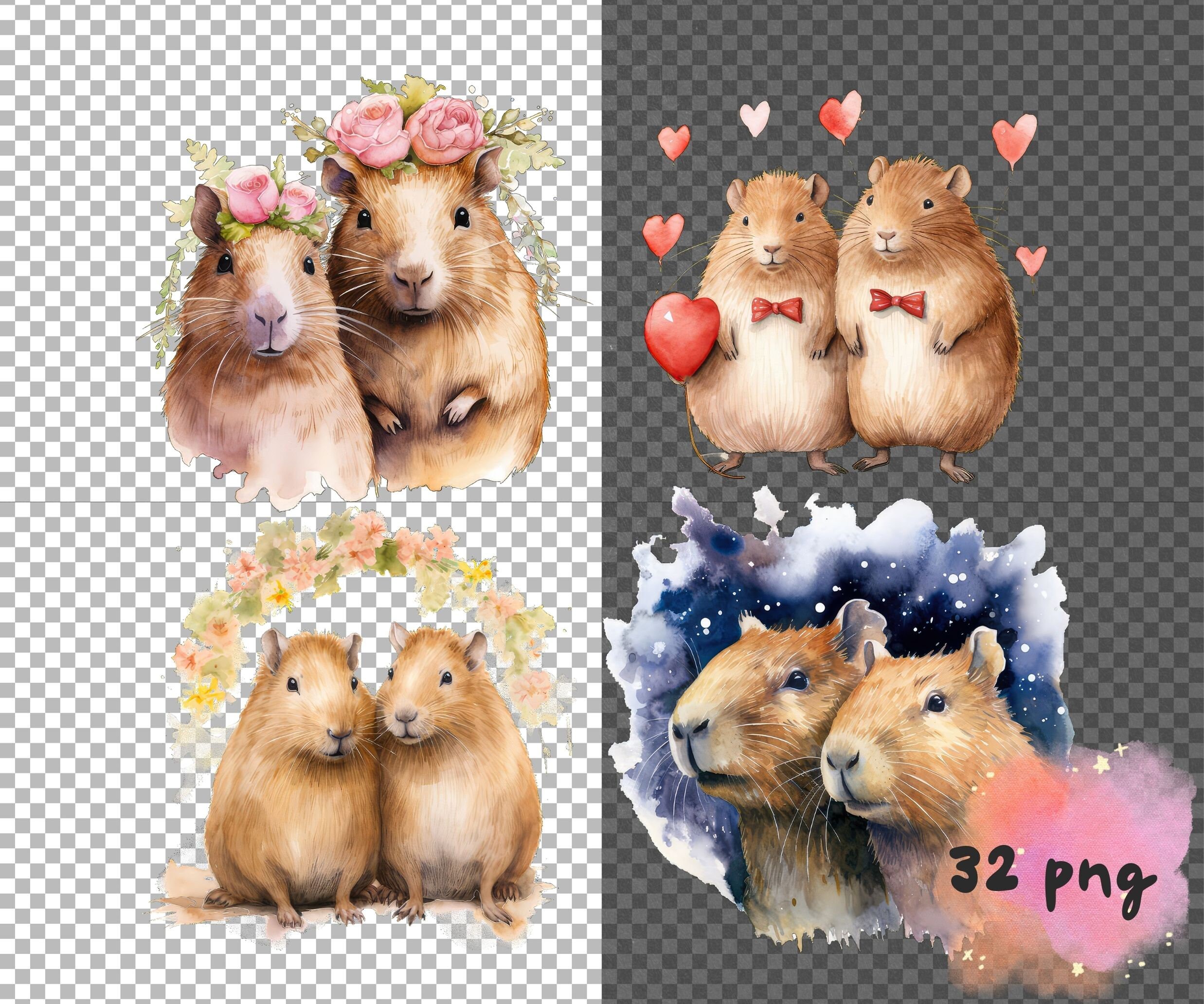 Chubby Capybaras Watercolor Clipart Cute Kawaii Cartoon Capybaras, Baby ...