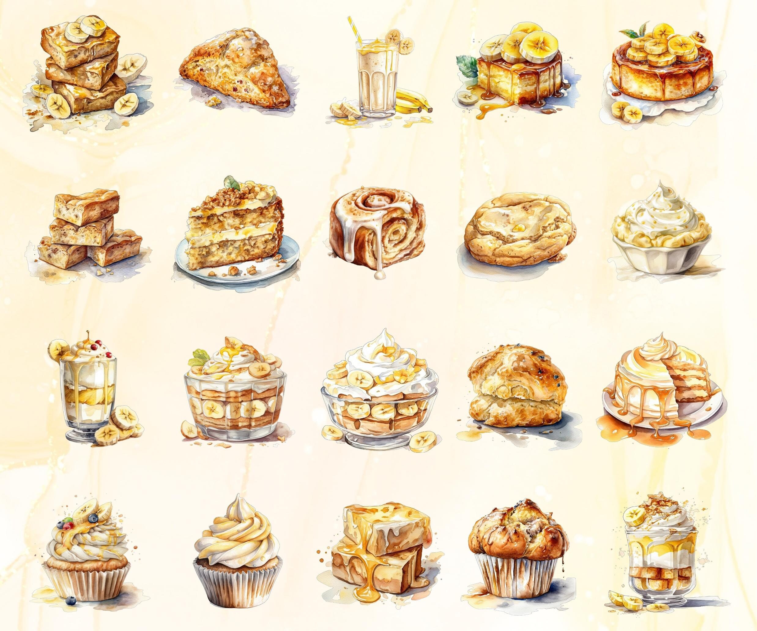 Banana Desserts Watercolor Clipart Bundle - Digital Sweet Food ...