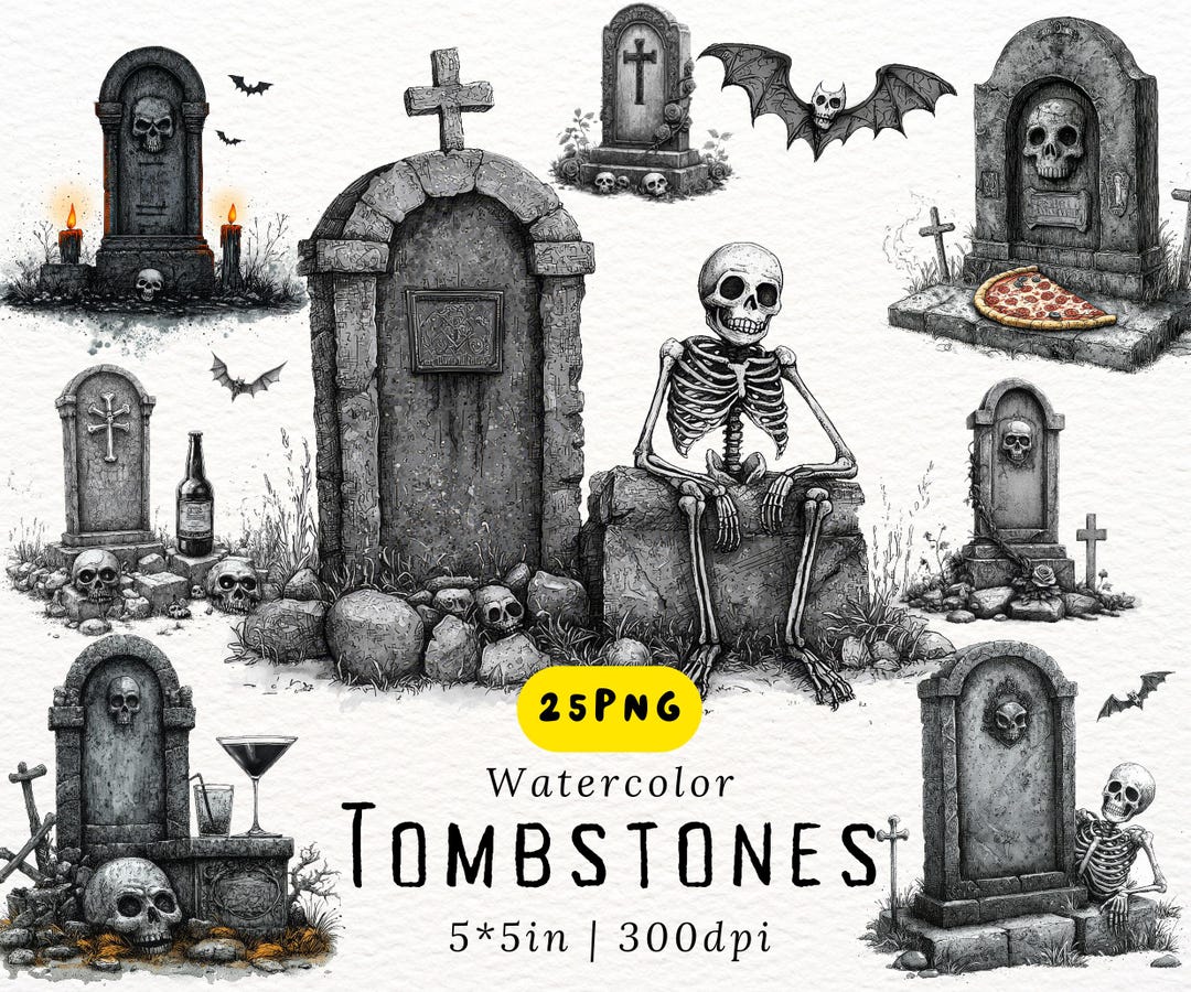 Watercolor Halloween Tombstone Clipart 25 PNG Spooky Graveyard Elements ...