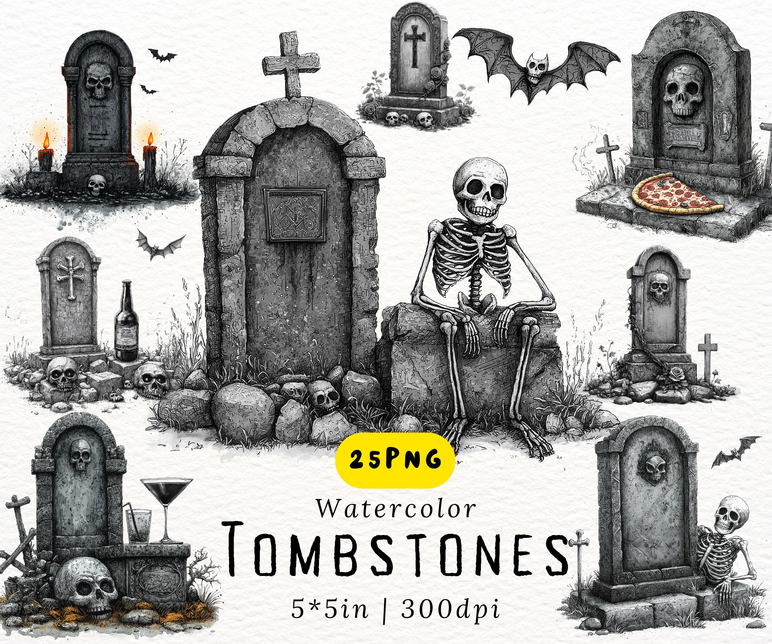 Watercolor Tombstones Clipart, 25 PNG Spooky Graveyard Elements ...