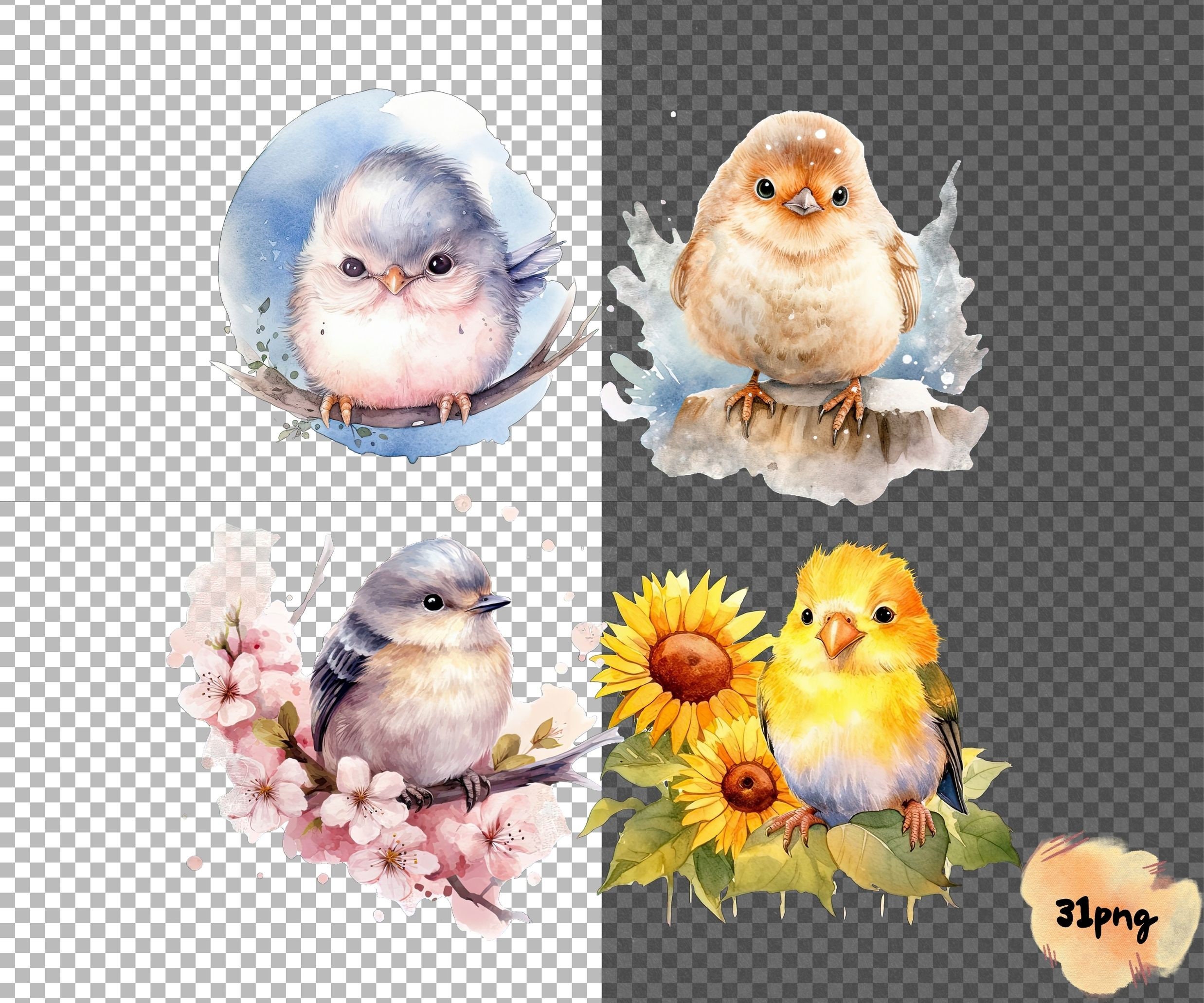 Chubby Birds Watercolor Clipart Cute Kawaii Cartoon Birds, Baby Birds ...