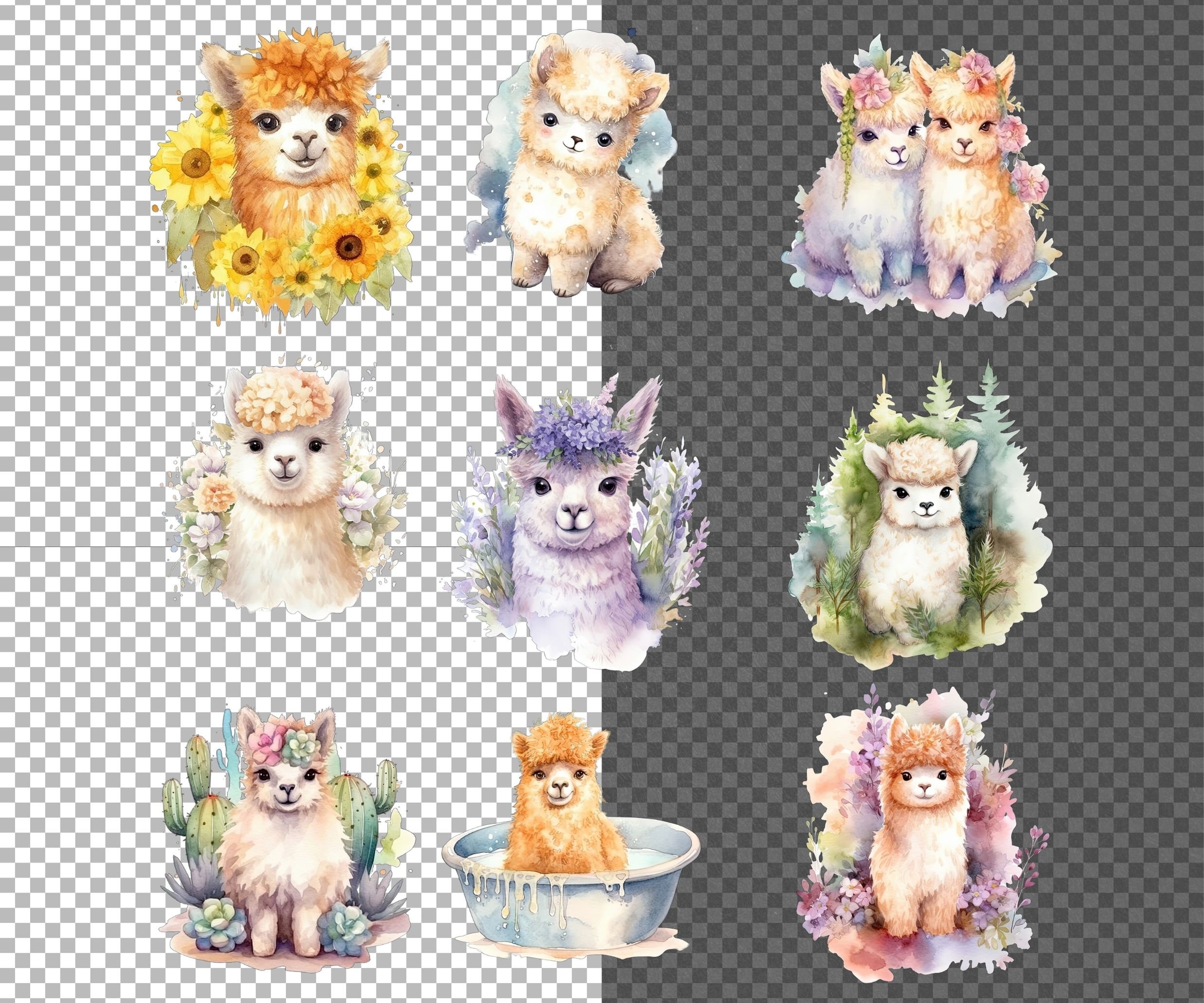 Chubby Alpaca Watercolor Clipart - Cute Kawaii Cartoon Alpacas, Baby ...