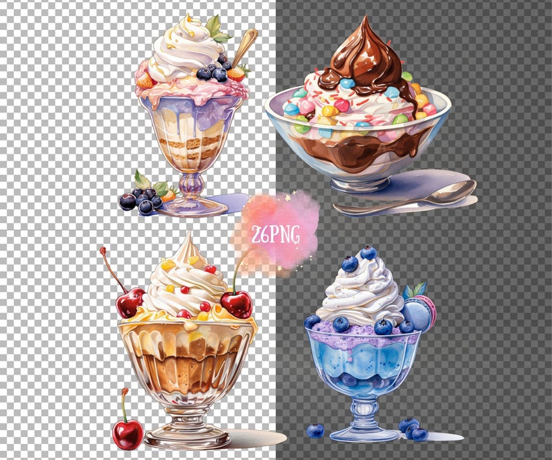 Watercolor Sundae Clipart Colorful Elaborate Ice Cream - Etsy