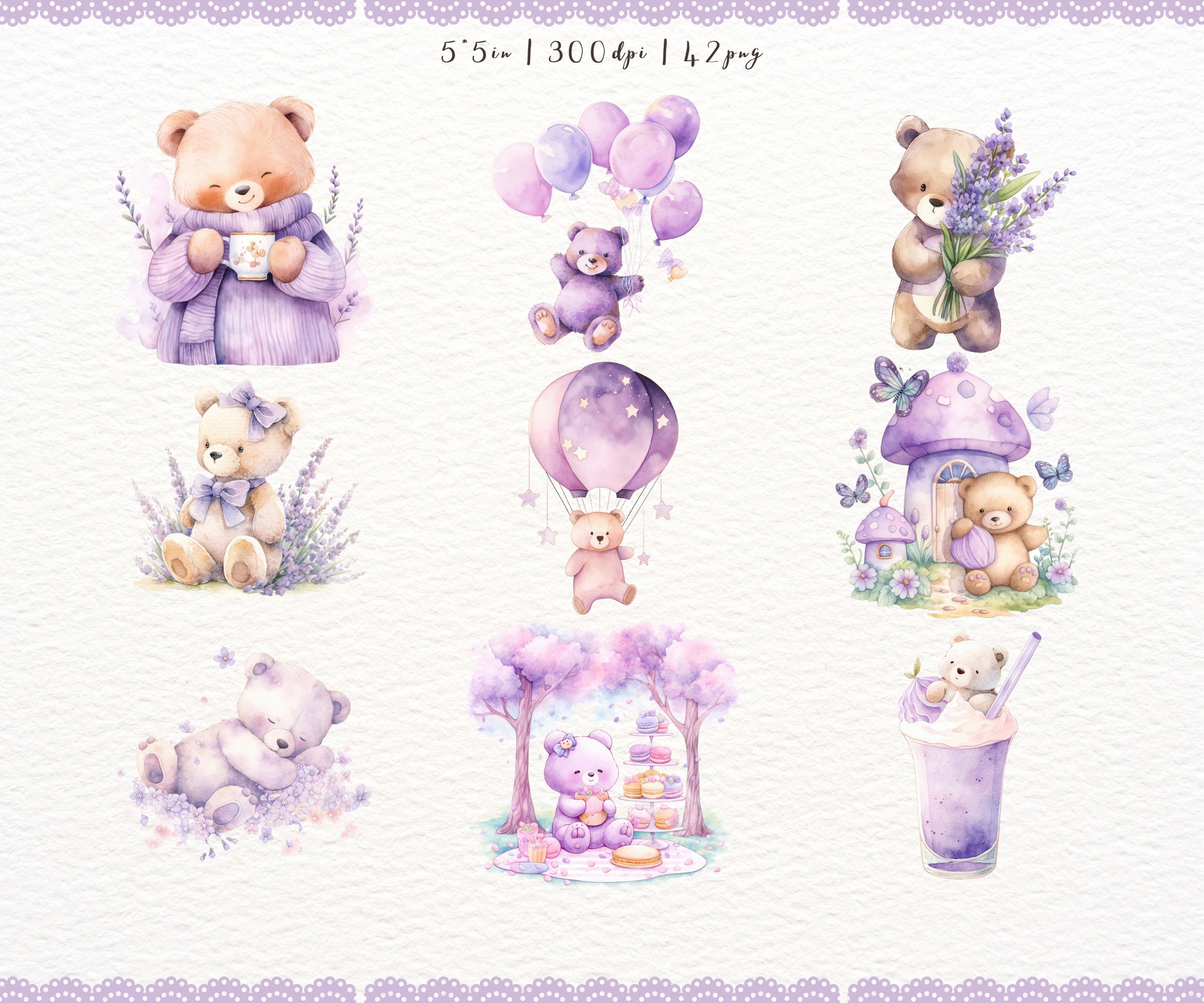 Purple Bear Clipart, Kawaii Cartoon Cuddly Bear, Watercolor Pastel Baby ...