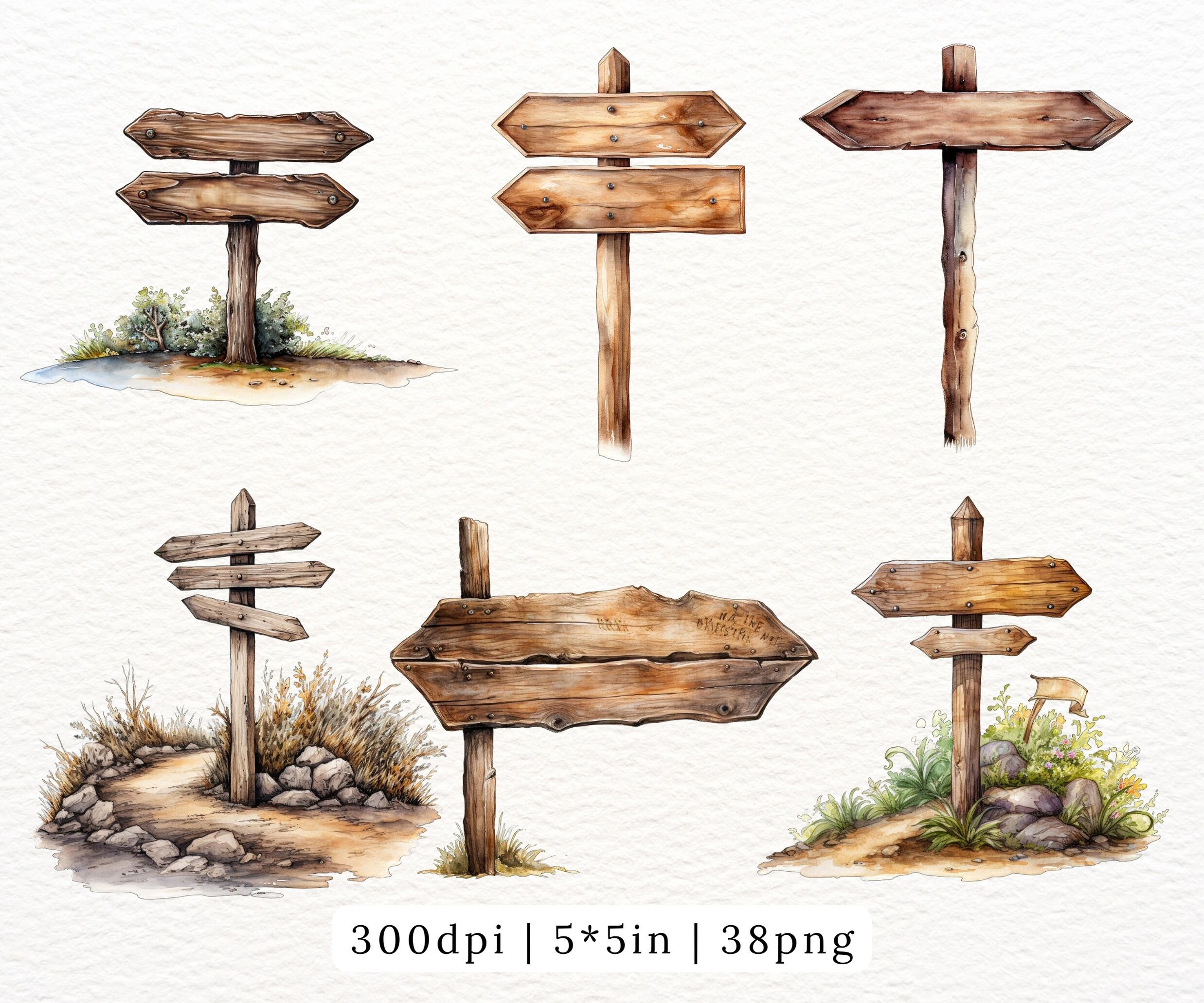 Watercolor Wooden Signs Clipart, Vintage Village Rustic Road and Door ...