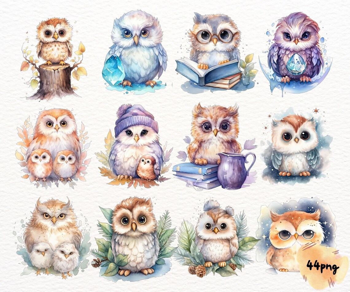 Chubby Owls Watercolor Clipart Cute Kawaii Cartoon Owls - Etsy