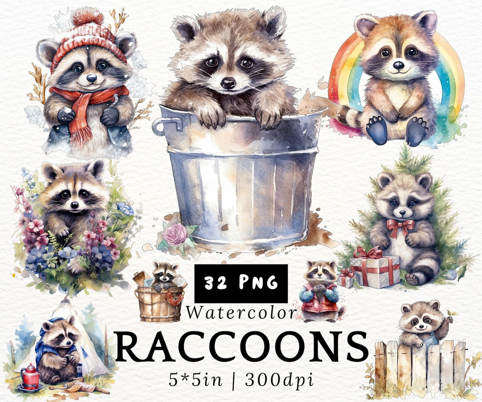 Chubby Raccoon Watercolor Clipart - Cute Kawaii Cartoon Raccoons, Baby ...
