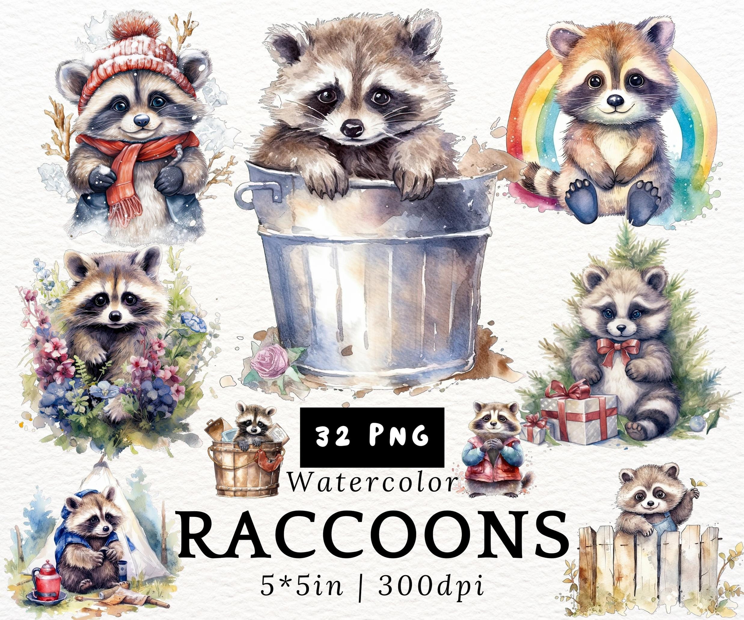 Chubby Raccoon Watercolor Clipart - Cute Kawaii Cartoon Raccoons, Baby ...