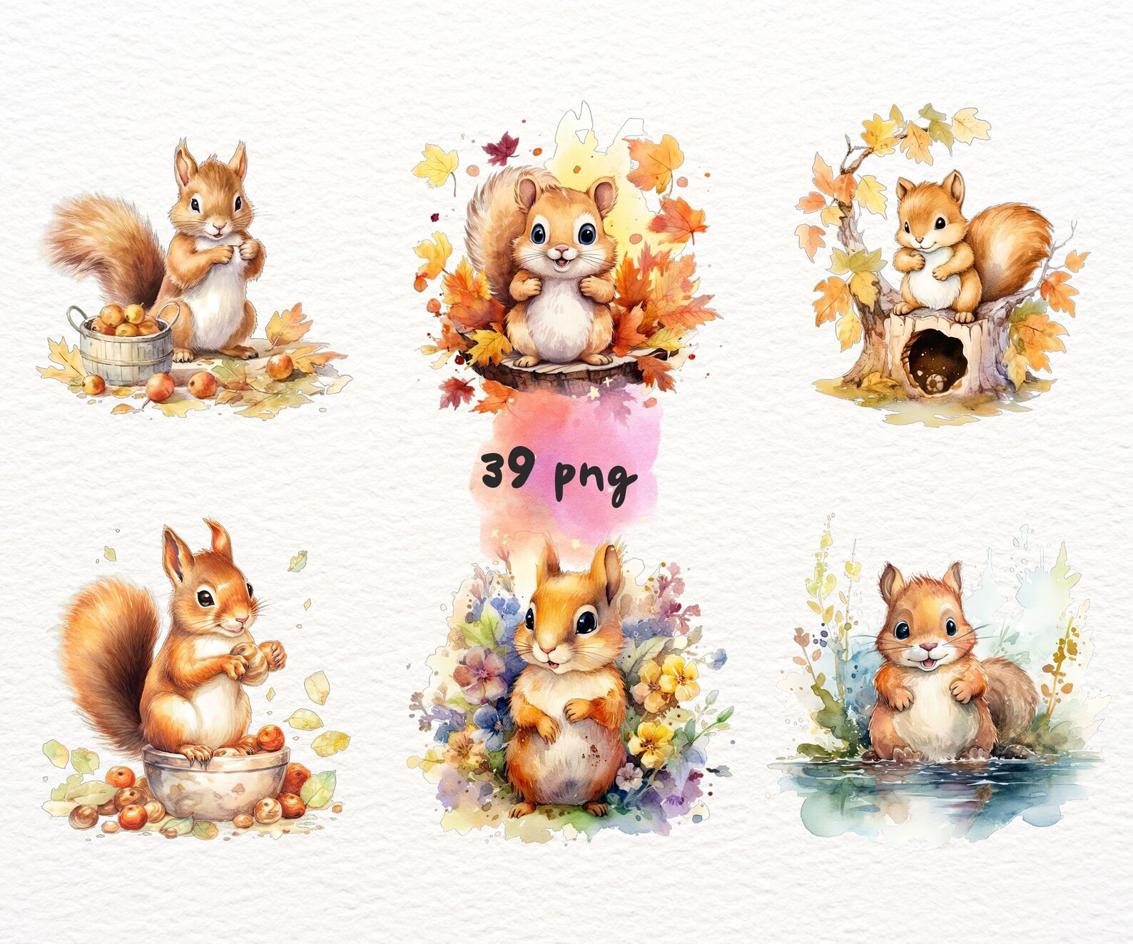 Chubby Squirrels Watercolor Clipart Cute Kawaii Cartoon Squirrels, Baby ...