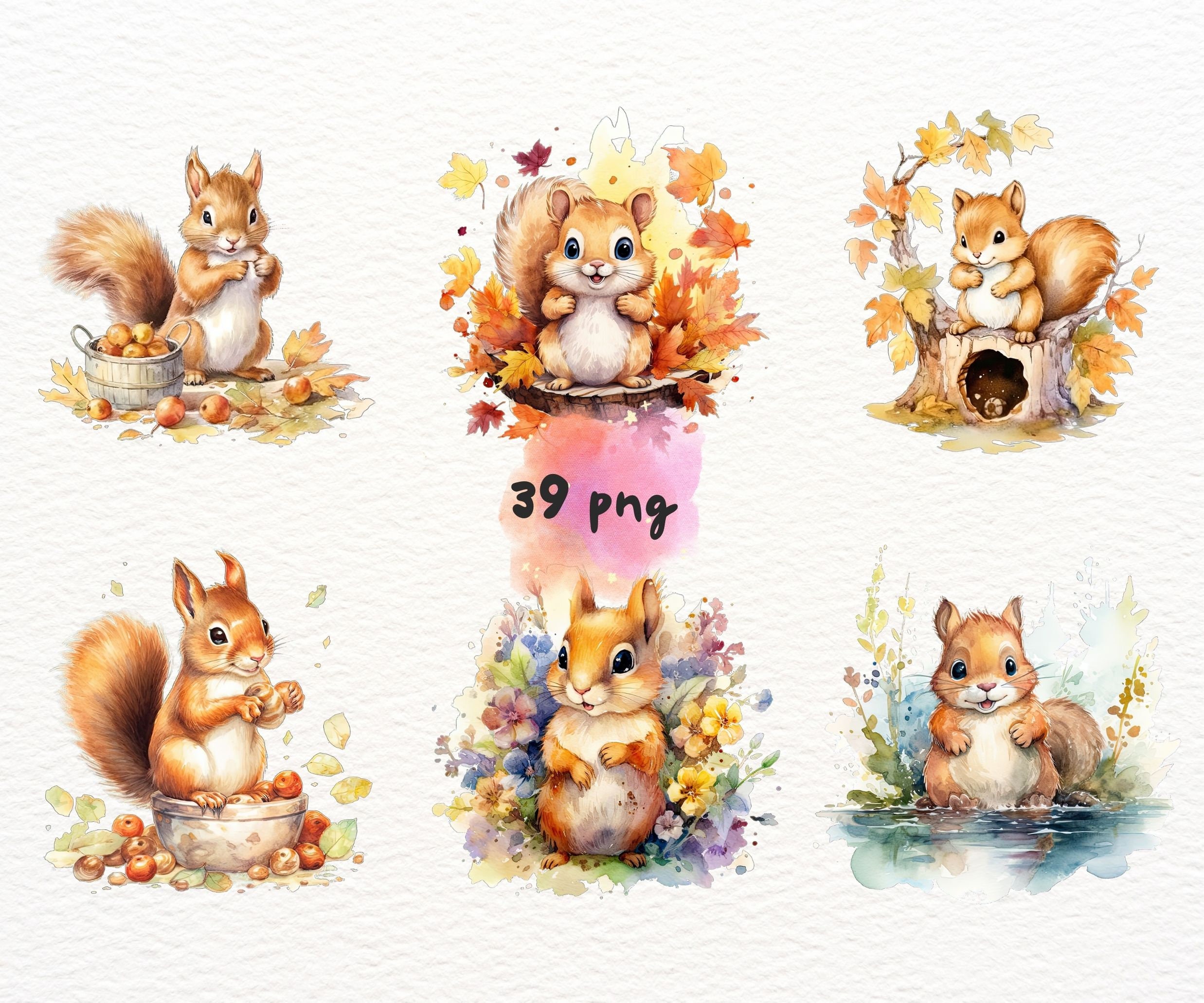 Chubby Squirrels Watercolor Clipart Cute Kawaii Cartoon Squirrels, Baby ...