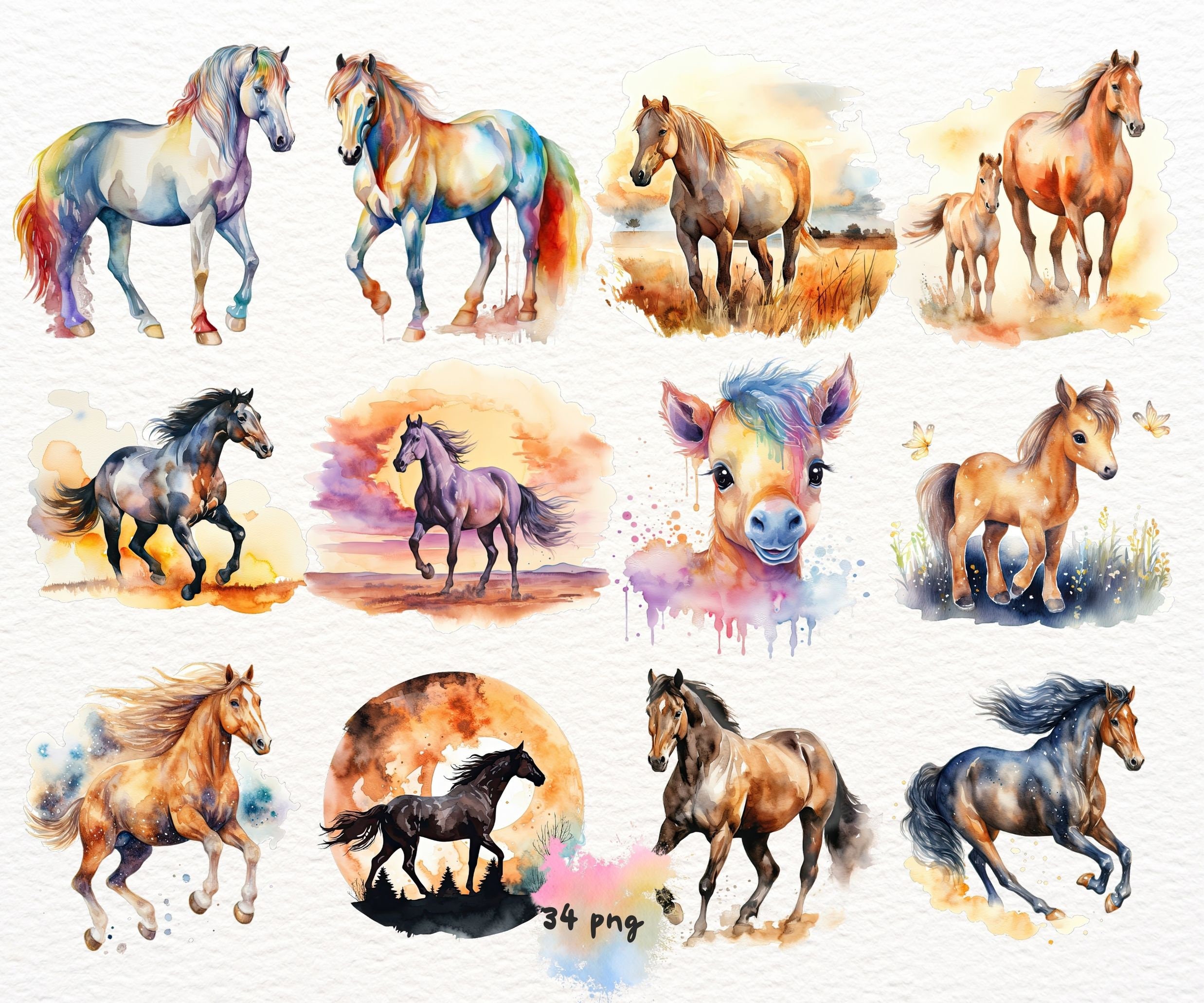 Horse Watercolor Clipart Animals in the Nature, Cute Foal Pngs Bundle ...