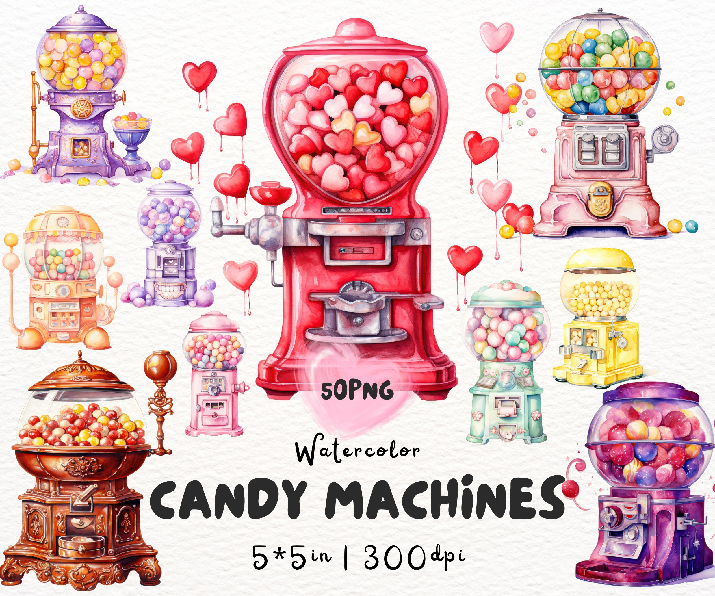 Candy Machine Clipart Bundle, Vintage Watercolor Gumball Candy Machines ...