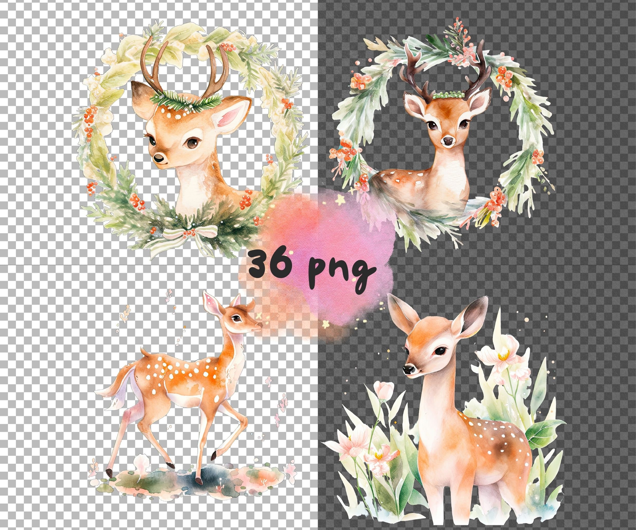 Watercolor Deer Clipart - Baby Fawn Pngs With Floral Wreath, Heart ...