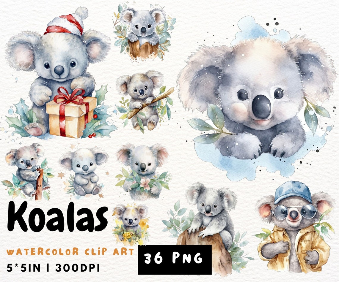 Chubby Koalas Watercolor Clipart Cute Kawaii Cartoon Koalas - Etsy
