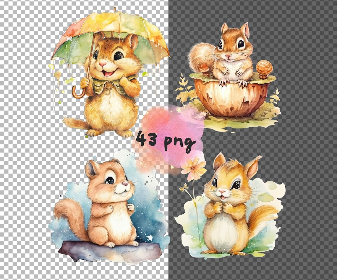Chubby Chipmunk Watercolor Clipart Cute Kawaii Cartoon - Etsy