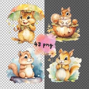 Chubby Chipmunk Watercolor Clipart - Cute Kawaii Cartoon Chipmunks ...