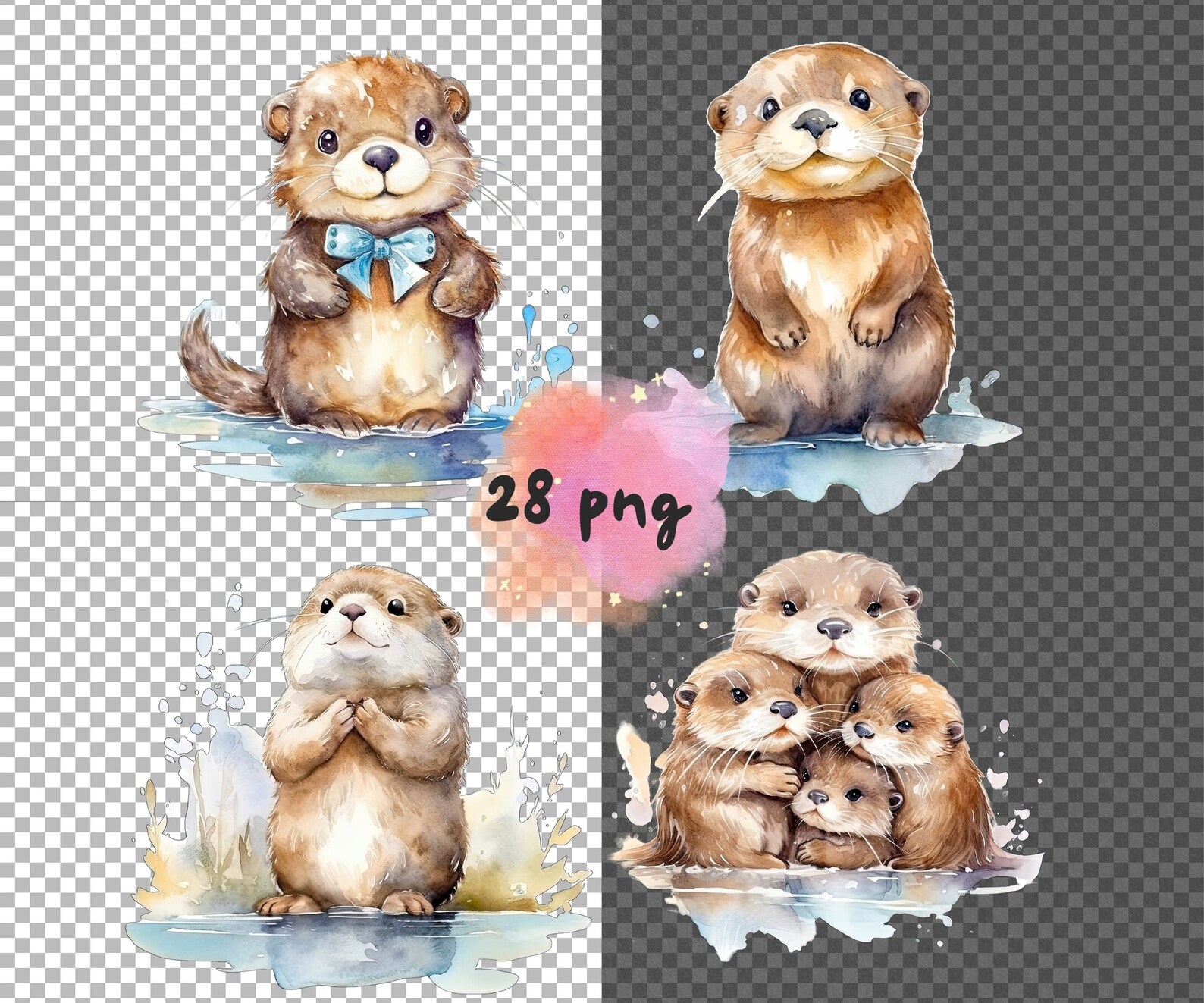 Chubby Otters Watercolor Clipart - Cute Kawaii Cartoon Otters, Baby ...
