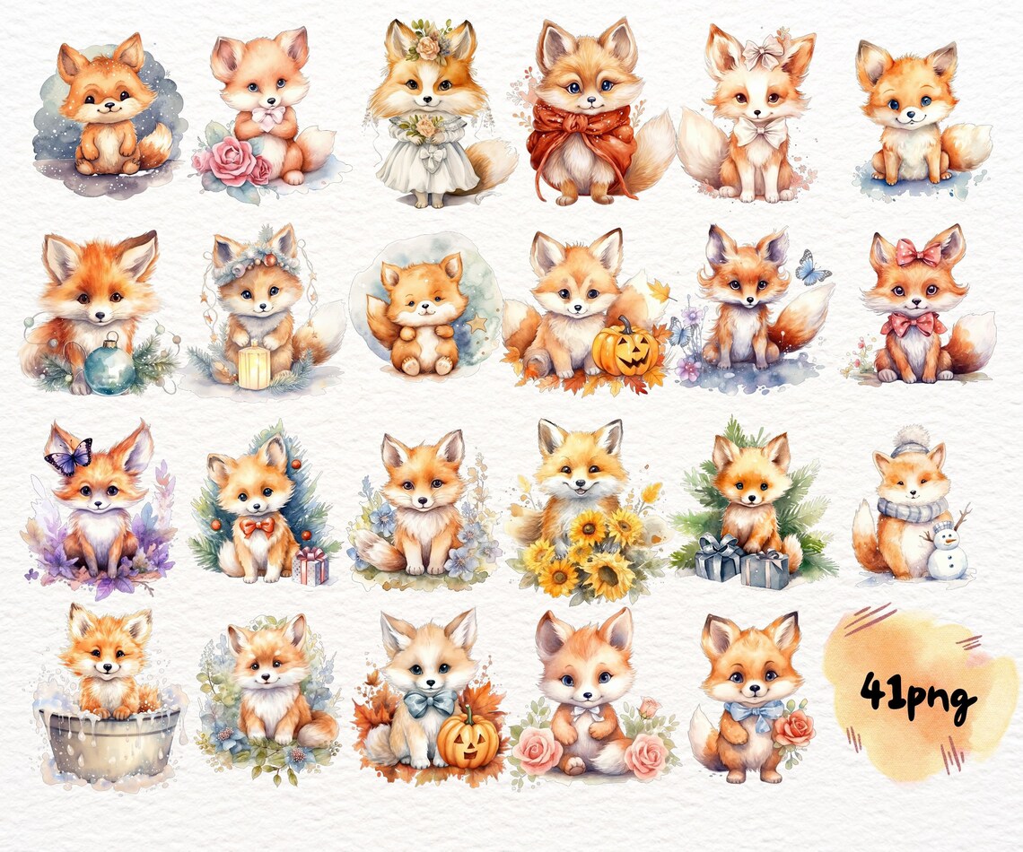 Chubby Foxes Watercolor Clipart Cute Kawaii Cartoon Foxes, Baby Foxes ...