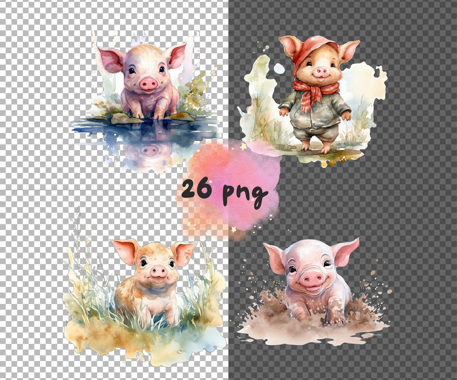 Chubby Piglets Watercolor Clipart Cute Kawaii Cartoon Piglets, Baby ...