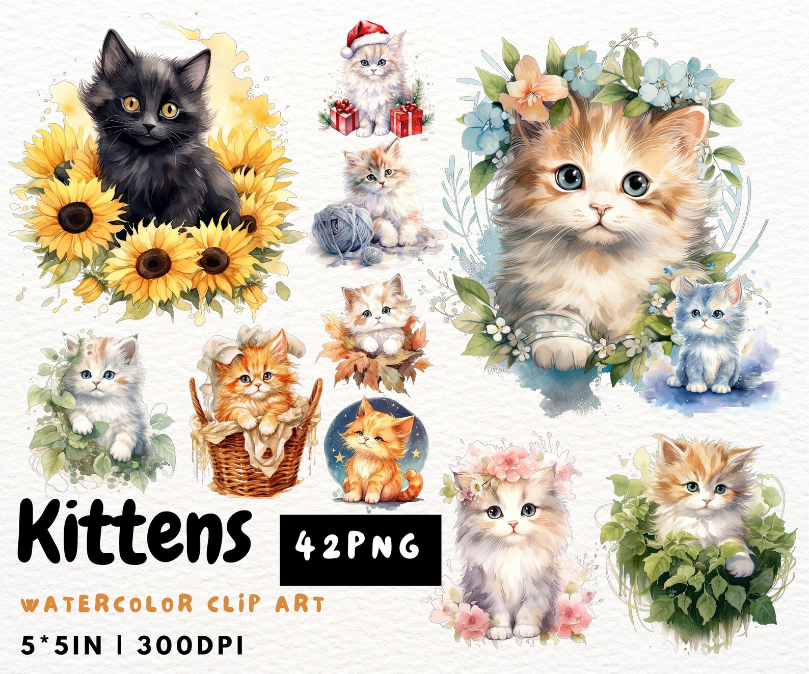 Chubby Kittens Watercolor Clipart Cute Kawaii Cartoon - Etsy