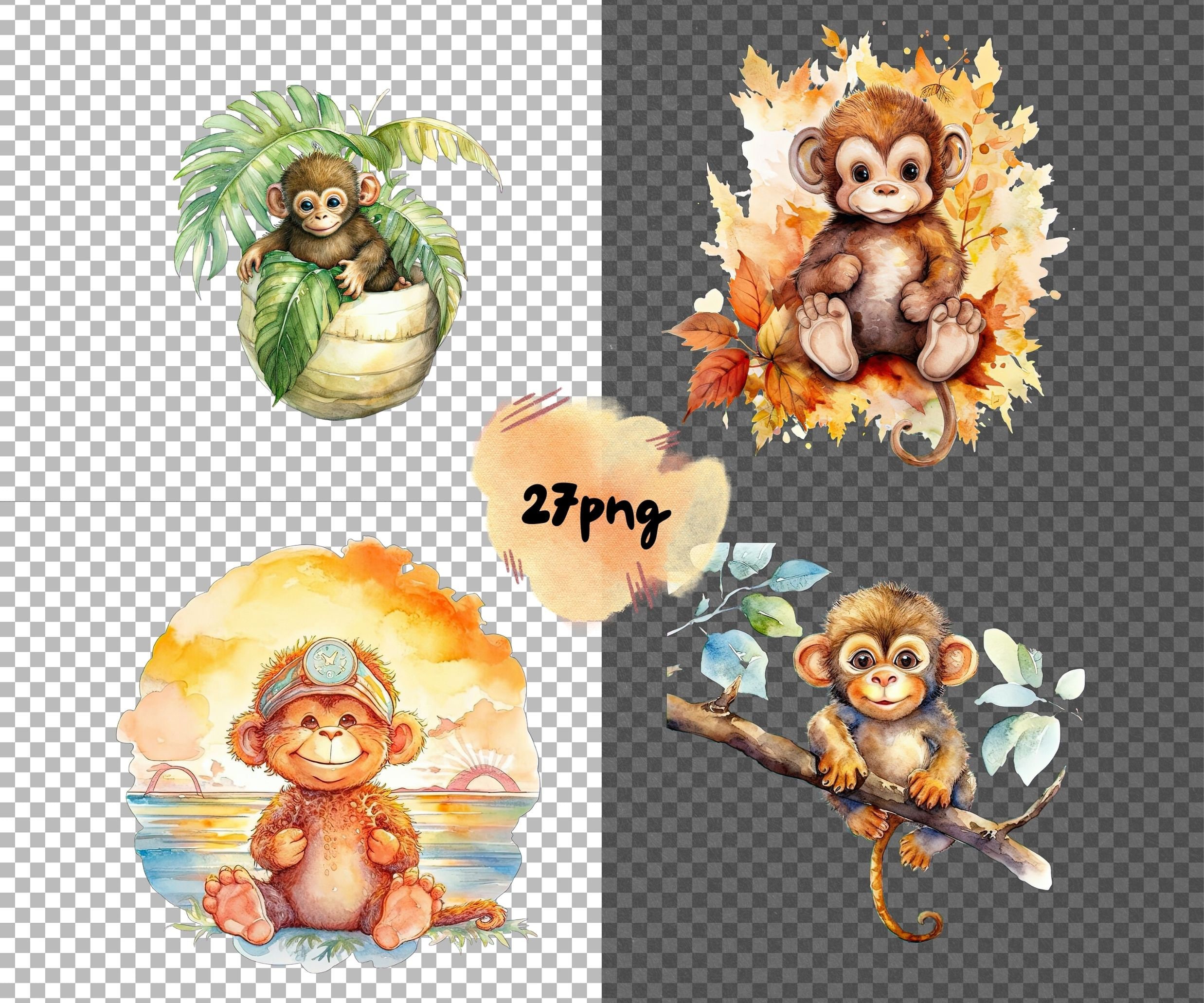 Chubby Monkeys Watercolor Clipart Cute Kawaii Cartoon - Etsy