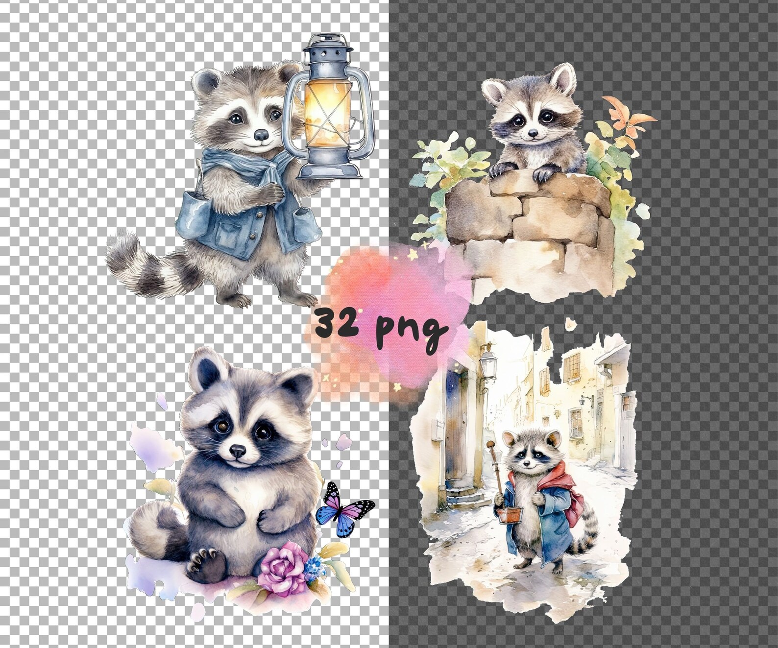 Chubby Raccoon Watercolor Clipart Cute Kawaii Cartoon Raccoons, Baby ...