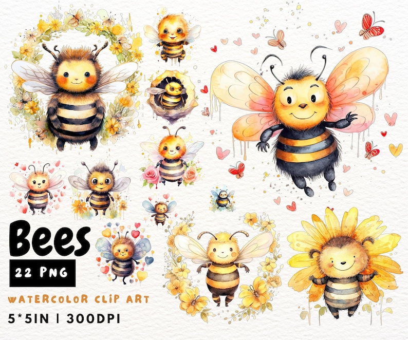 Chubby Bees Watercolor Clipart Cute Kawaii Cartoon Bees - Etsy