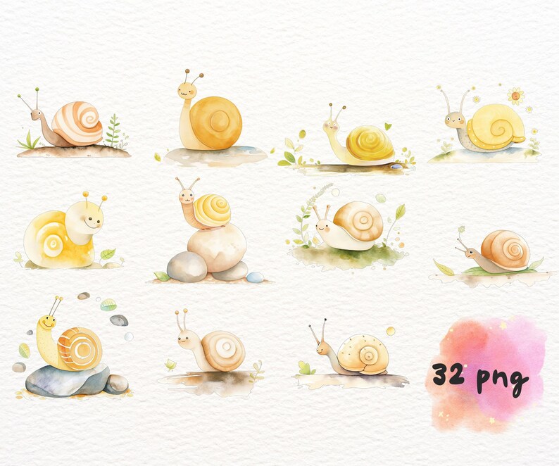 Cartoon Snails Watercolor Clipart Cute Kawaii Chubby Snails, Adorable ...