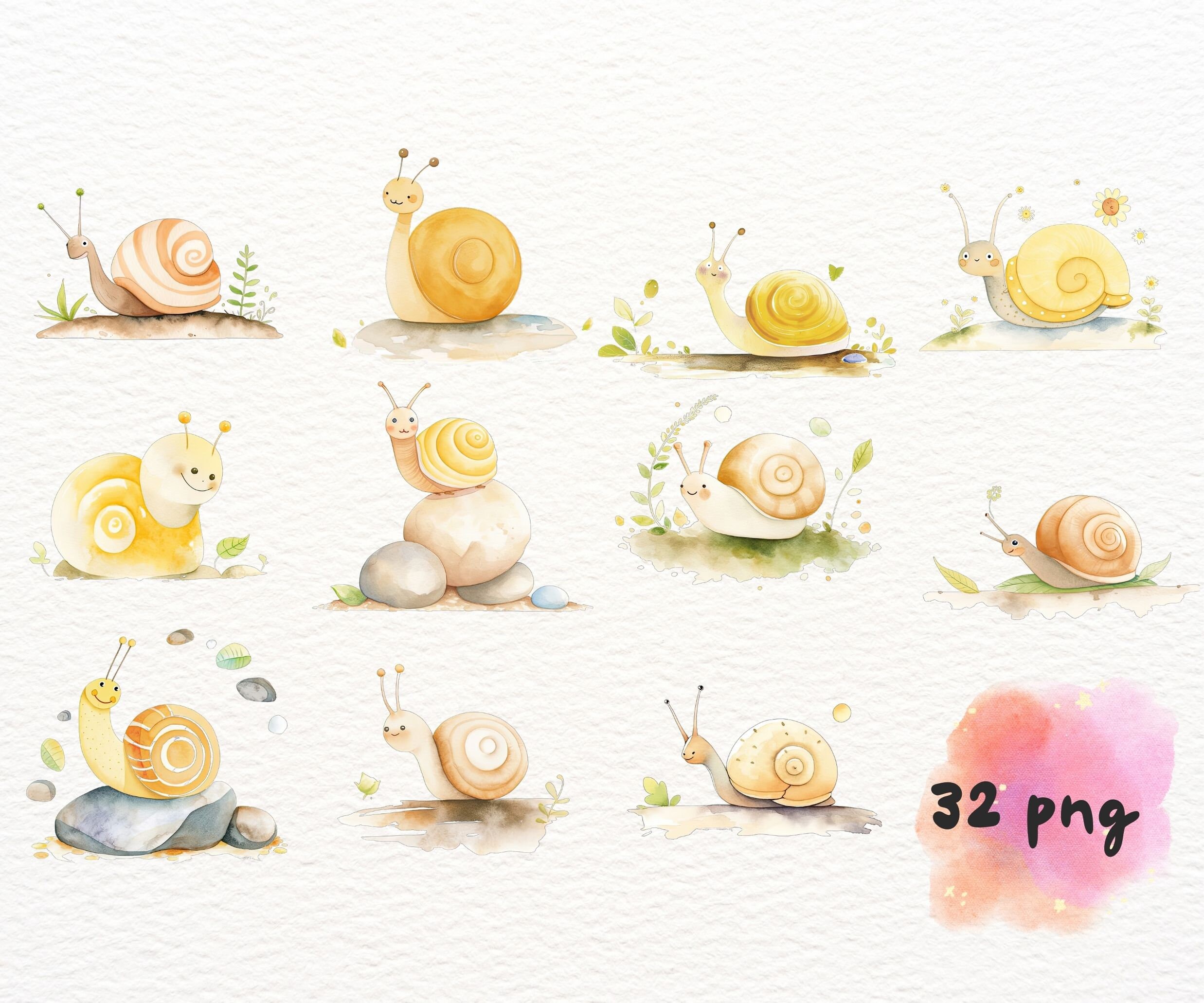 Cartoon Snails Watercolor Clipart Cute Kawaii Chubby Snails, Adorable ...