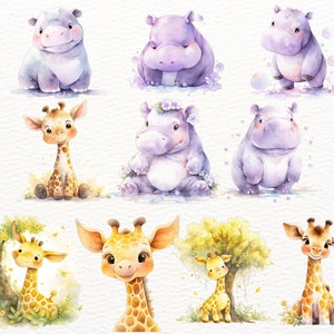 Baby Animal Clipart PNG Set Watercolor Elephant Tiger Raccoon Nursery ...