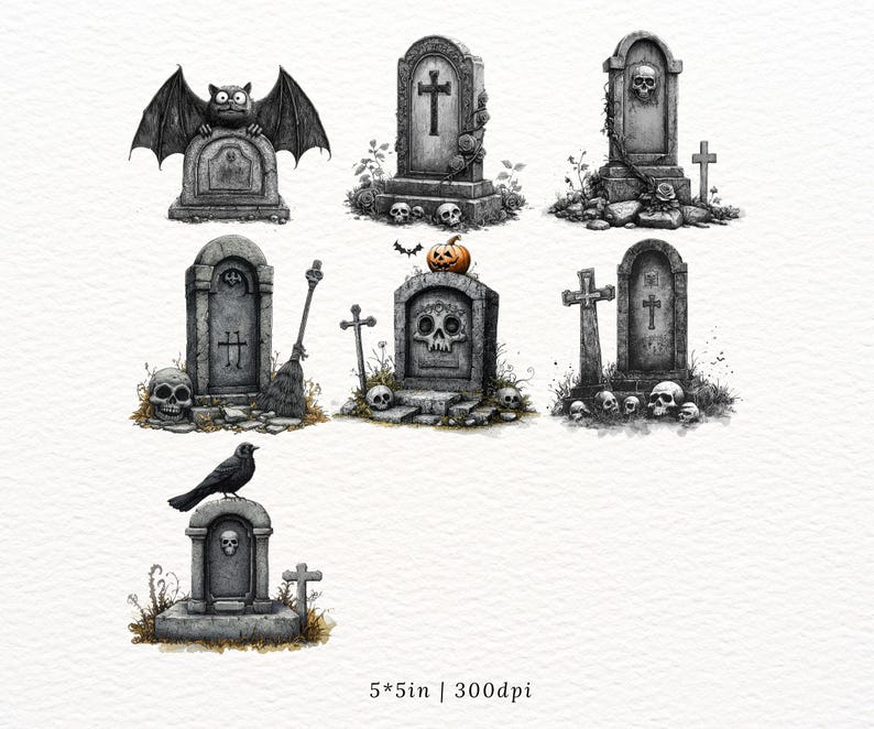 Gothic Halloween Tombstone PNG Spooky Graveyard Clipart Skull Skeleton ...