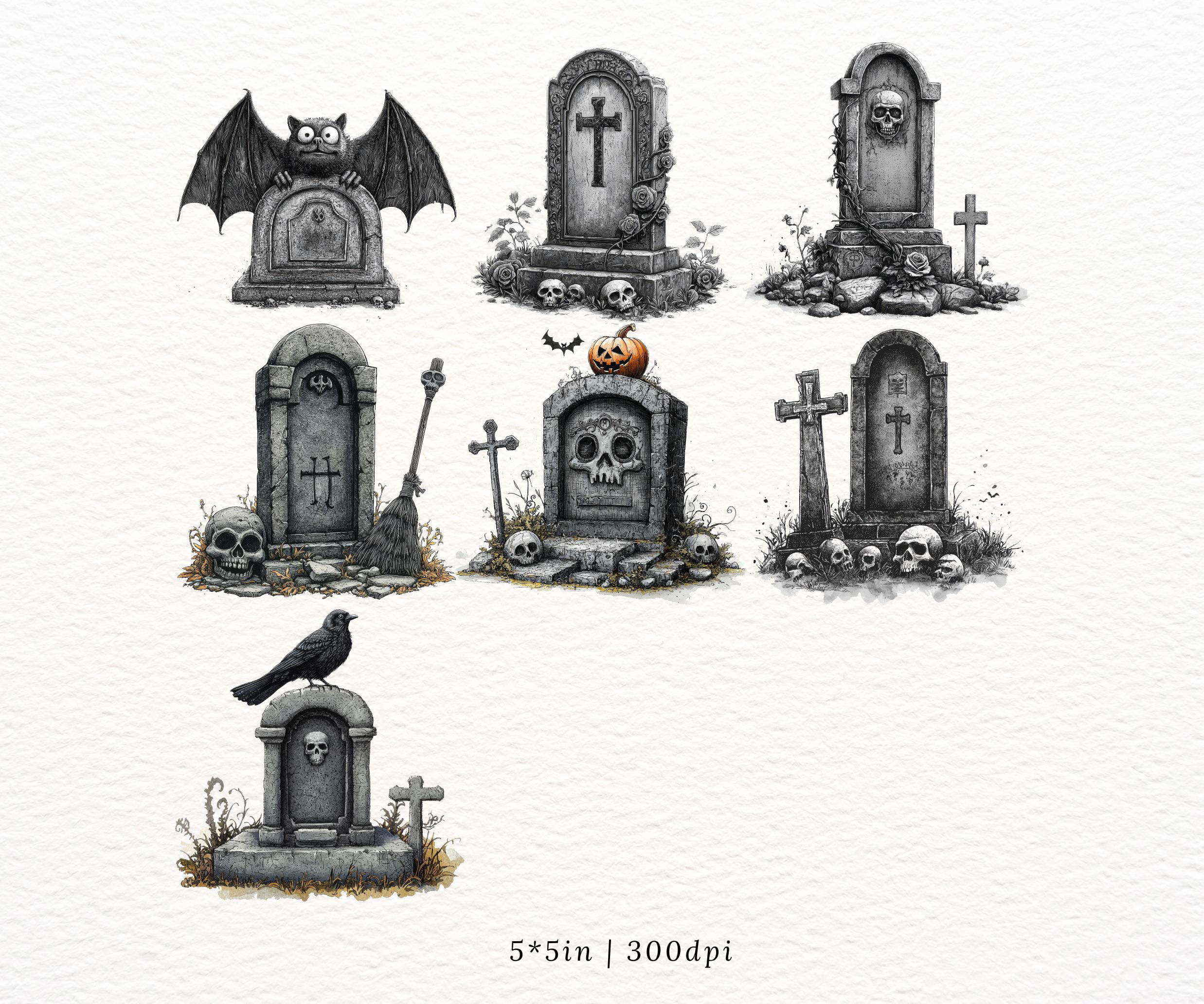 Gothic Halloween Tombstone PNG Spooky Graveyard Clipart Skull Skeleton ...