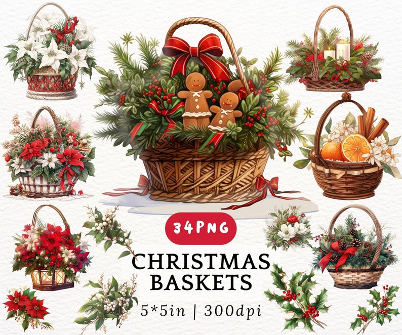 Christmas Basket Clip Art, Red and White Christmas Flowers, Poinsettia ...