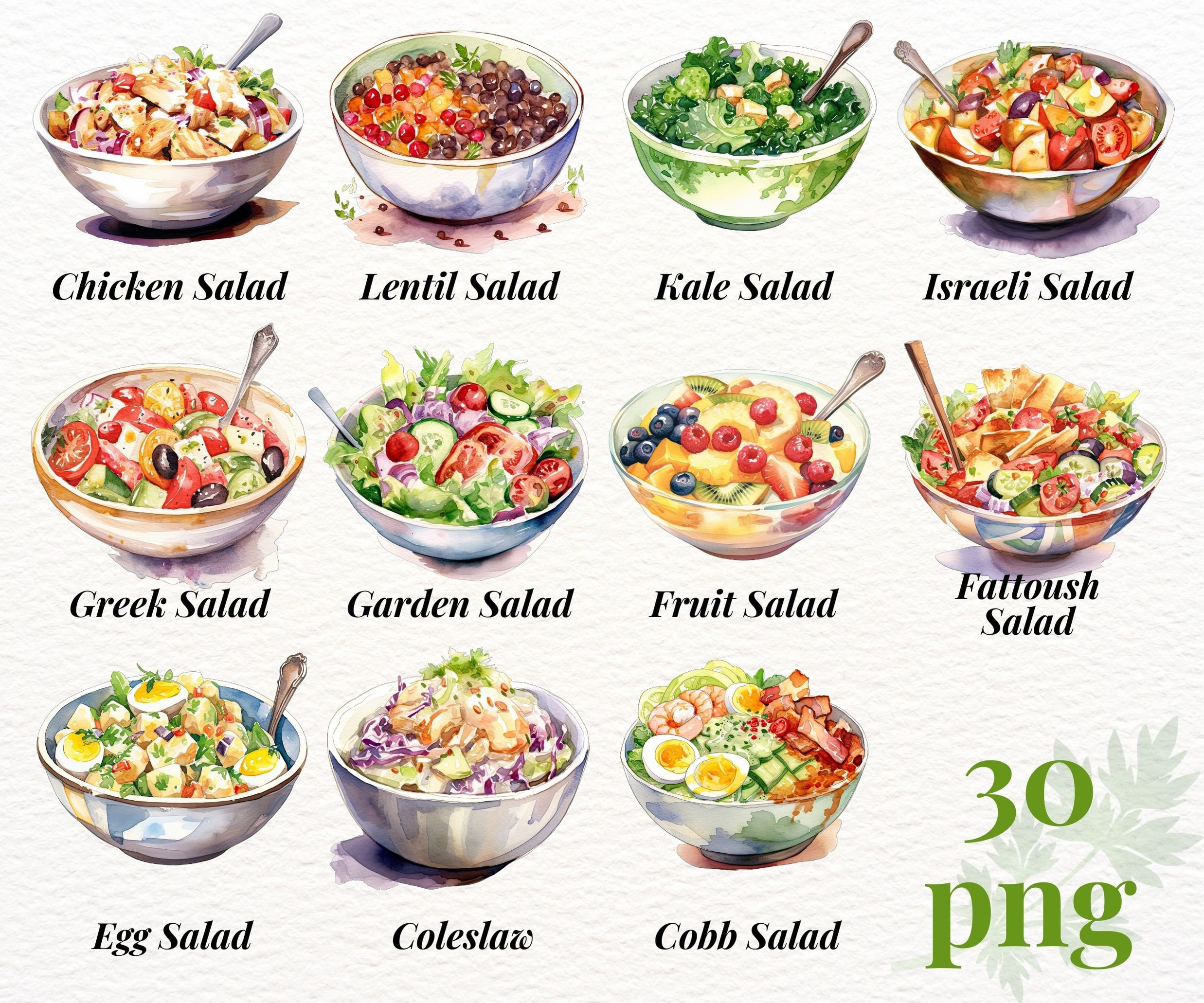 Salad Bowl Clipart Collection, Watercolor Salad Variety Pack, Caesar ...
